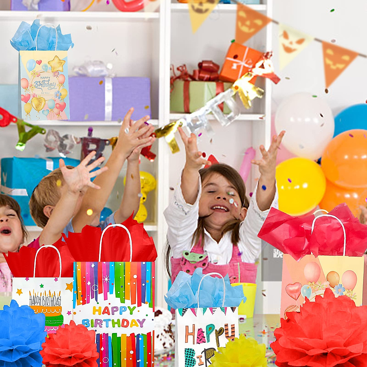 Colodeol 16 PCS Birthday Gift Bags with Handle and Tissues, Gift Bags Assorted Sizes, Medium, Small Size Gift Bag for Kids, Boys, Girls, Women and Men’ Birthdays Party