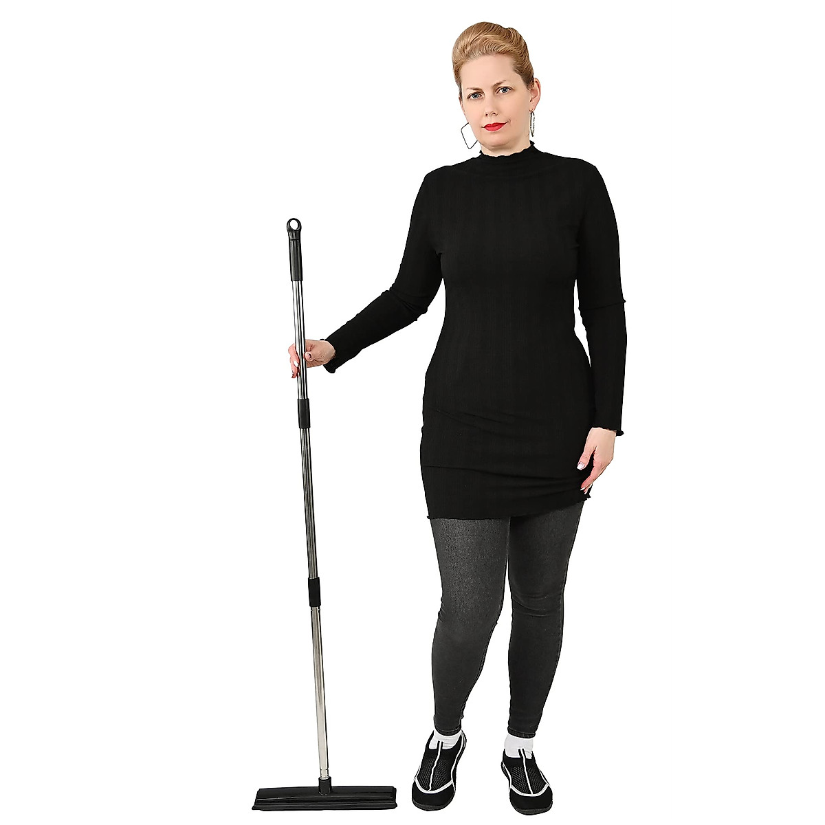 HOME-X Pet Hair Remover Broom, Carpet and Floor Broom, Adjustable Handle Length, Rubber Bristle Sweeper, Long Handled Squeegee, 48 ½” L x 12 ½” W x 2” H