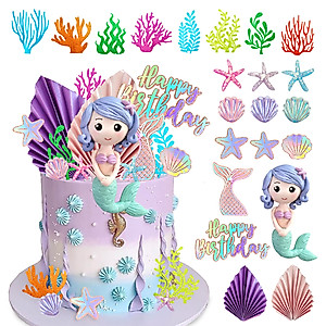 20 PCS Mermaid Cake Toppers with 3D Mermaid Seaweed Folding Fans Shell Starfish Cake Decoration for Kids Girls Birthday Party Baby Shower Supplies (STYLE1)