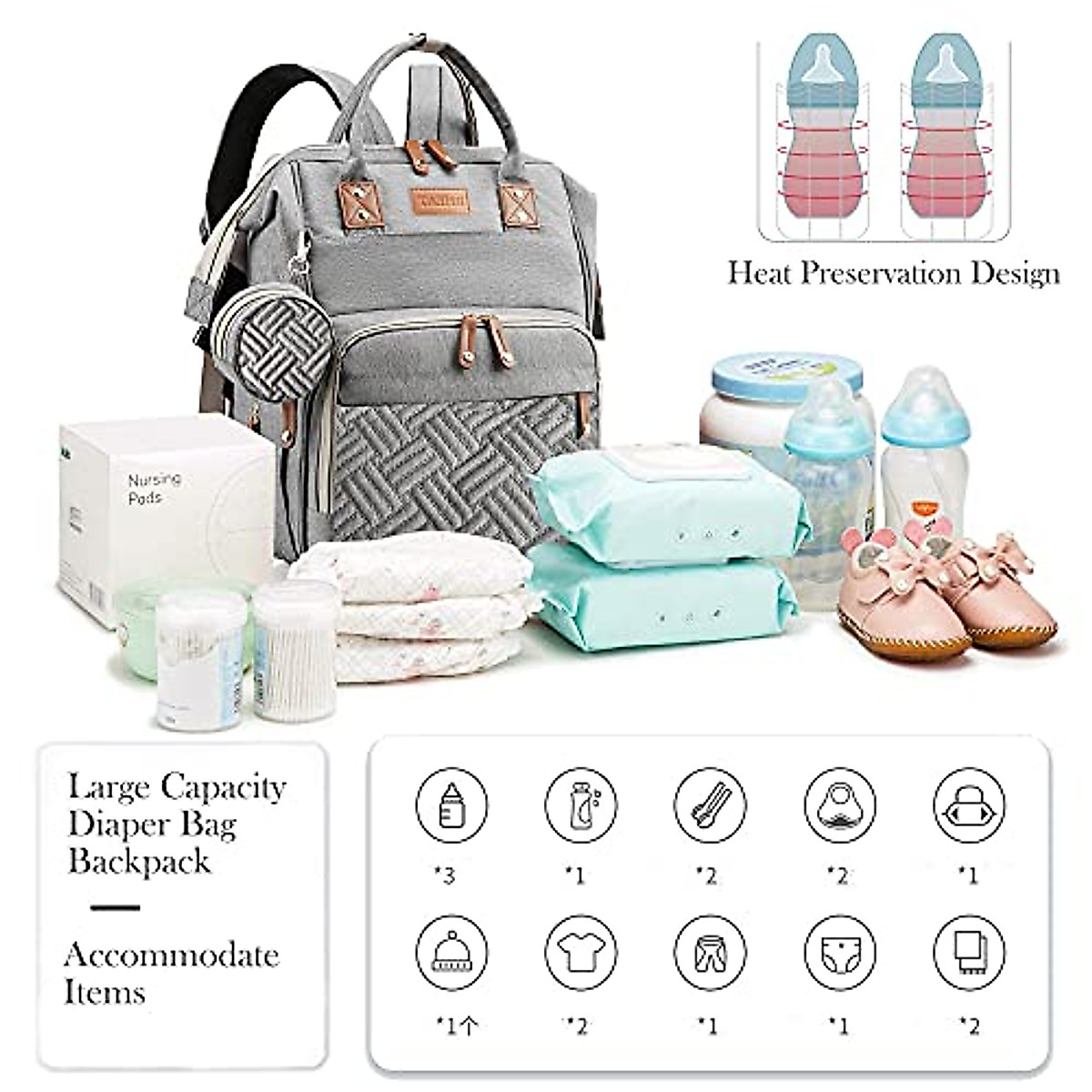 3 in 1 Diaper Bag Backpack with Changing Station Portable Baby Back Pack with USB Charge Maternity Diaper Bag Grey