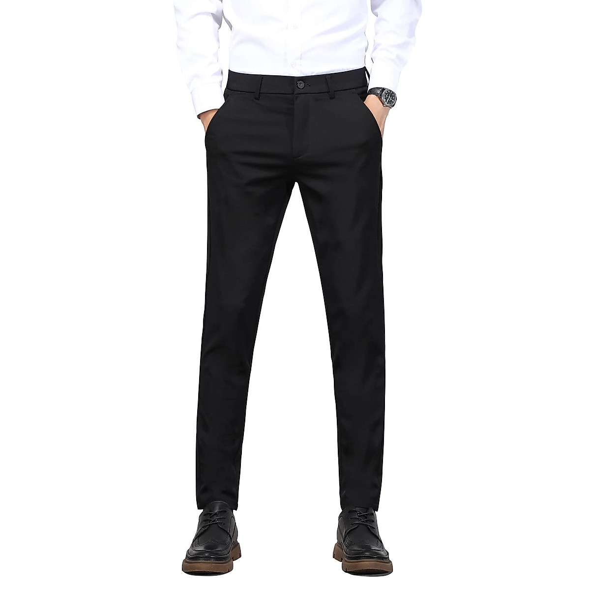 Plaid&Plain Men's Slim Fit Dress Pants Formal Pants Dress Slacks for Men 603 Black(New) 34X32