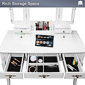 ENSTVER Vanity Beauty Station,Tri-Folding Mirrors,6 Organization 7 Drawers Makeup Dress Table with Cushioned Stool-White