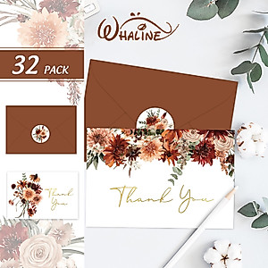 Whaline 32 Packs Fall Floral Gold Foil Thank You Cards Watercolor Flower Greeting Cards Autumn Blank Note Cards with Envelopes and Stickers for Thanksgiving Wedding Birthday Party, 4 x 6 Inch
