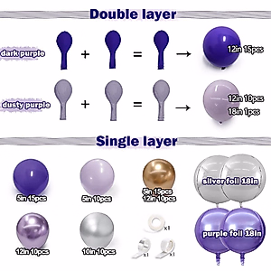 Purple Gold Balloon Arch Kit Double Stuffed Dark Purple Dusty Light Lavender Silver Balloon Garland with 18inch Foil Lilac Balloons for Birthday Baby Shower Bridal Wedding Party Decoration