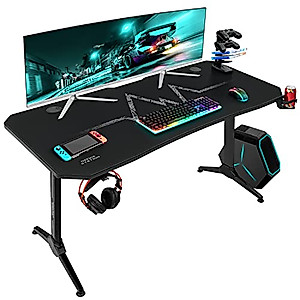 Furmax Gaming Desk T-Shaped Pc Computer Table with Carbon Fiber Surface Free Mouse Pad Home Office Desk Gamer Table Pro with Game Handle Rack Headphone Hook and Cup Holder (Black, 55 Inch)