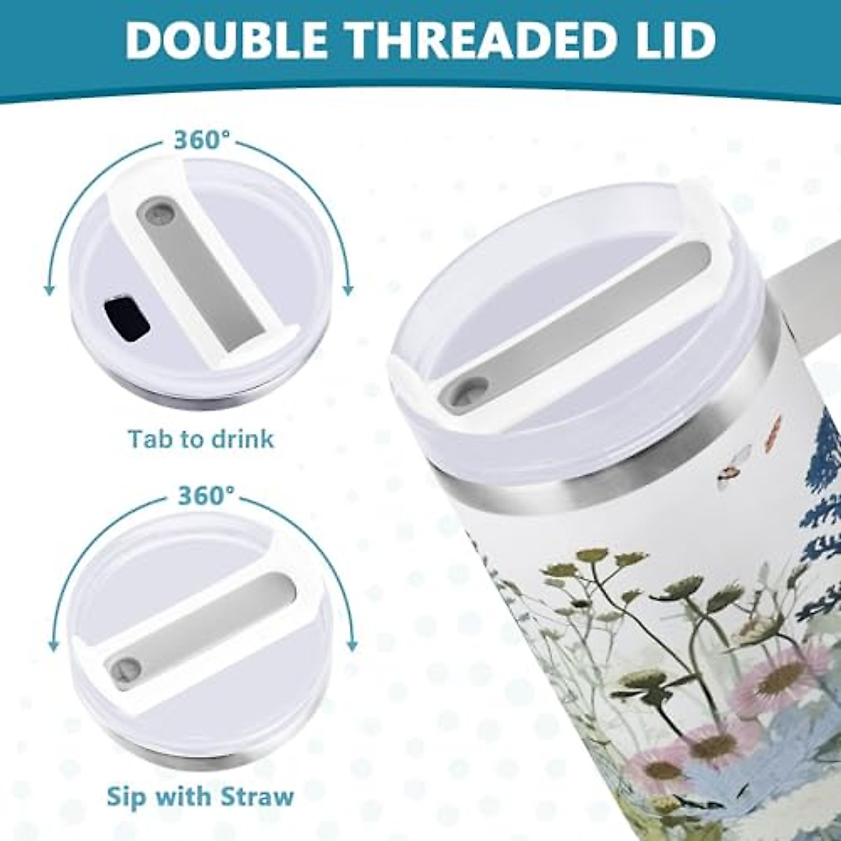 Jihqo Beautiful Wildflowers 40 oz Stainless Steel Vacuum Insulated Tumbler with Handle and Straw Lid Reusable Leakproof Water Bottle Double Wall Travel Mug Coffee Cup, Cupholder Friendly