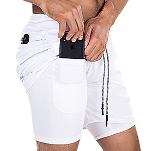 Ouber Men's 2-in-1 Running Shorts 7" Workout Training Jersey Short (White,XL)