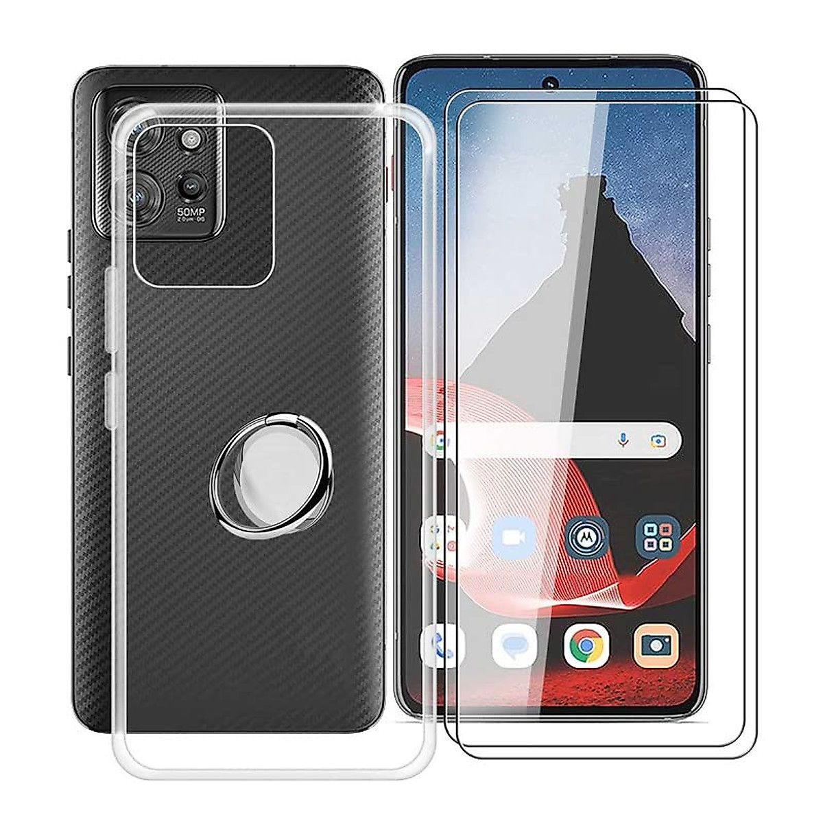 HGJTF Cover for Motorola ThinkPhone (6.6") with 2 X Tempered Glass Protective Film, 360° Cell Phone Metal Ring Holder, [Ultra-Thin Clear Soft TPU Shockproof Shell] Phone Case for Motorola ThinkPhone