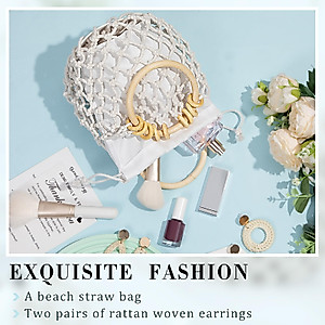 Sweetude Mini Clutch Tote Handbag 2 Pairs Rattan Earrings for Women Girls Bucket Drawstring Handbag Bohemian Woven Clutch (White)