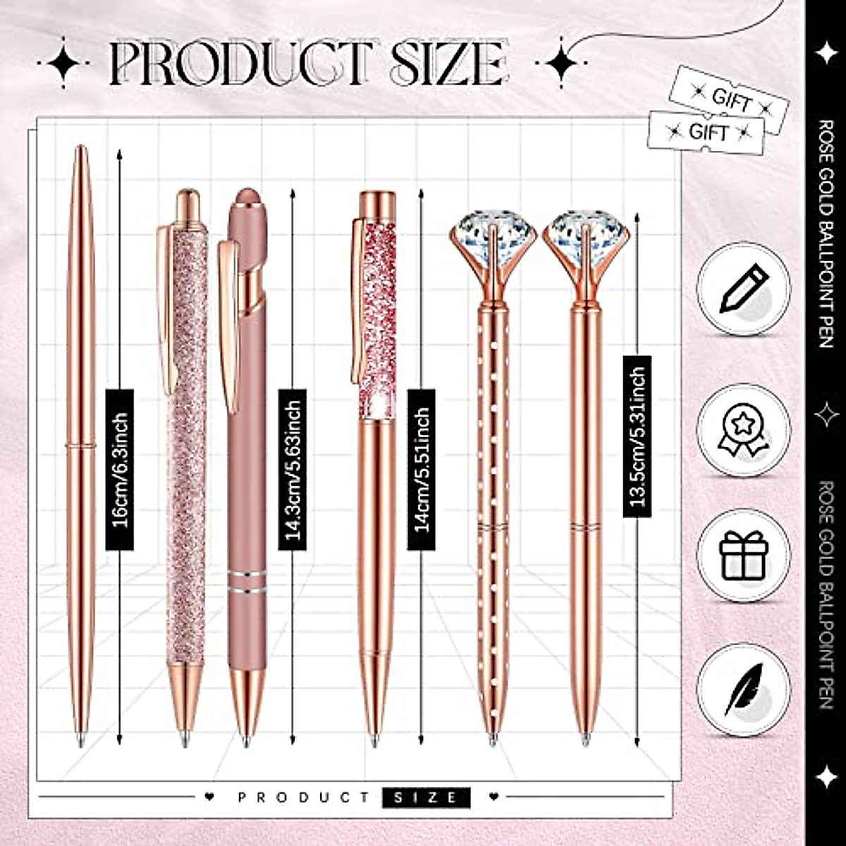 6 Pcs Rose Gold Ballpoint Pen Set Include Crystal Diamond Pen Slim Metal Ballpoint Pens Black Ink Stylus Pen Liquid Sand Pen Retractable Glitter Pen for Office School Gifts Wedding Party Supplies