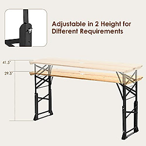 Giantex Folding Picnic Table, Wood Outdoor Table with Umbrella Hole, Adjustable Metal Legs, Patio Bistro Table for Garden Party Backyard, Rectangular Camping Table No Assembly