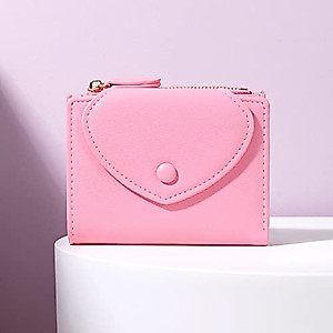 Sunwel Fashion Small Wallet with Heart Bifold Wallet Zipper Pocket Cash Card Holder Coin Purse for Women Girls (PINK)
