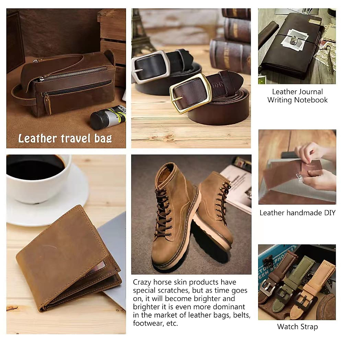 Tooling Leather Square 1.8-2.0MM Thick Genuine Top Full Grain Oil Tan Crazy Horse Cowhide Leather Sheets for Crafts Tooling Sewing Wallet Earring Hobby (Brown, 6"x12")