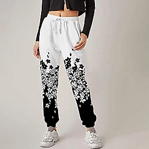 White L Cotton Women's Sweatpants With Pockets Elastic Waistband Linen Summer Baggy Leggings Boho Flower Fall Pants Vintage Graphic Patchwork Warm