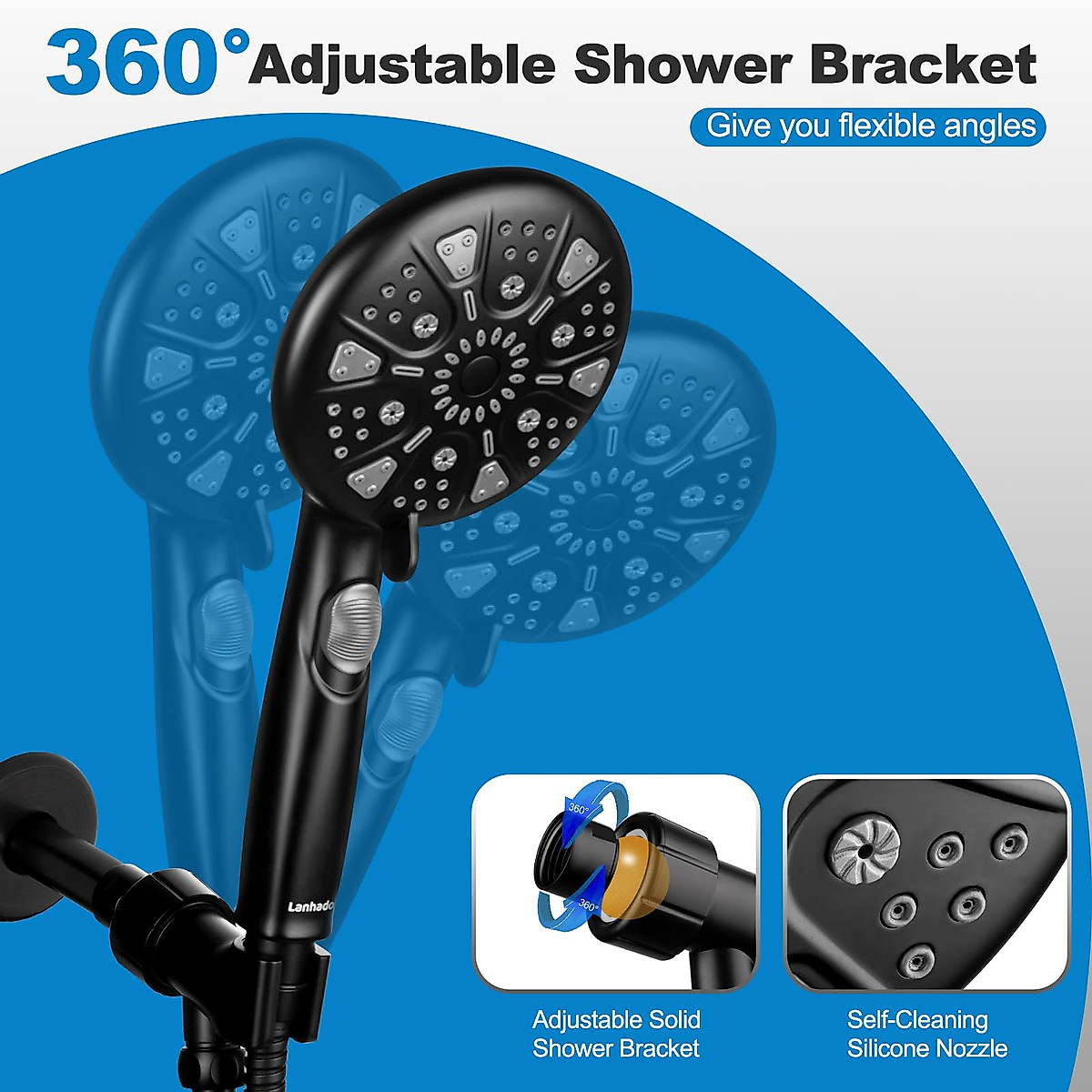 Shower Head with Handheld, Lanhado 9 Setting Matte Black Shower Head, Detachable Shower Head with Hose & Adjustable Bracket,High Pressure Shower heads, Built-in Power Wash to Clean Tub, Tile & Pets