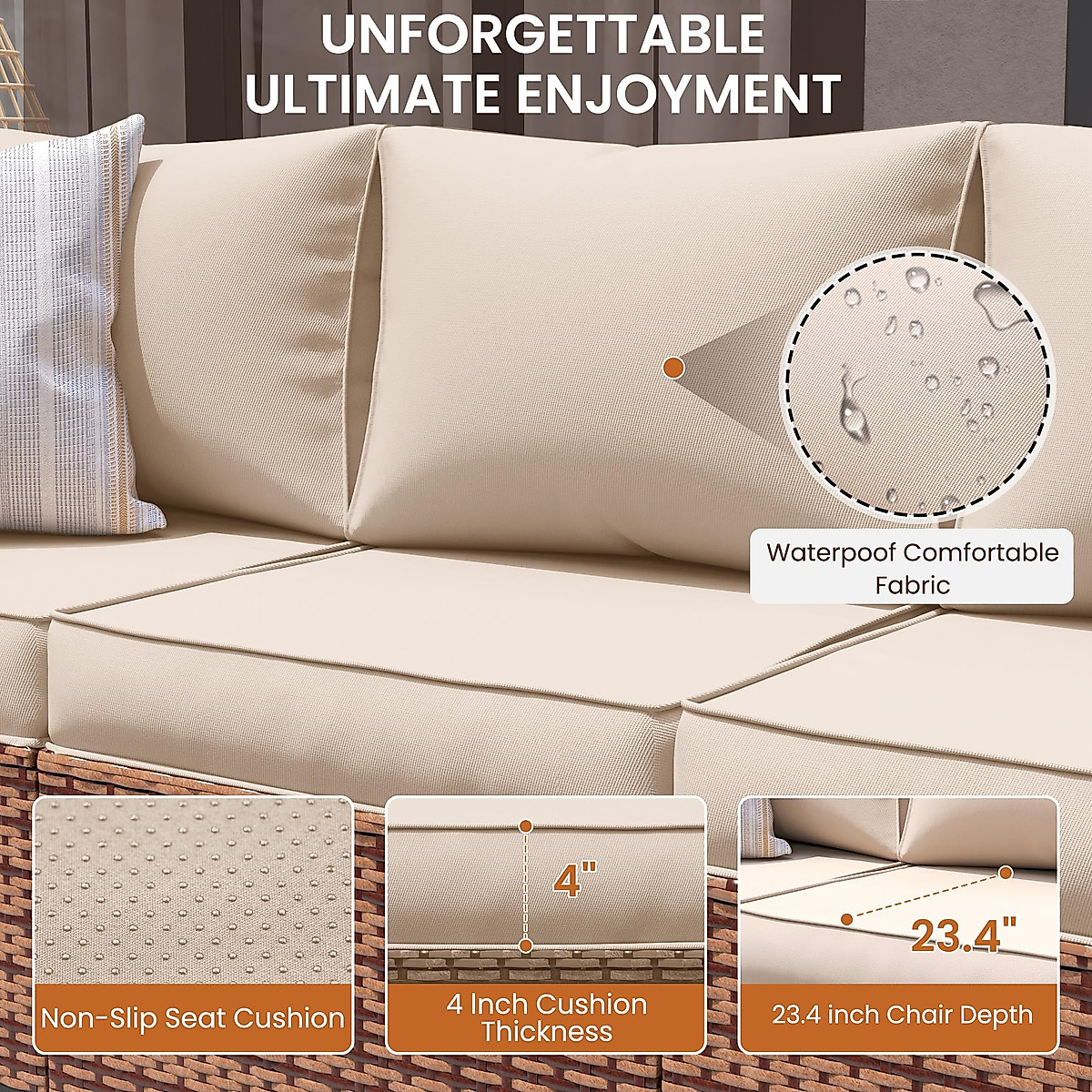 UDPATIO Outdoor Patio Furniture, 4 Pieces Outdoor Sectional Patio Set with Storage Coffee Table and Khaki Cushions, Patio Loveseats Balcony Furniture for Small Space