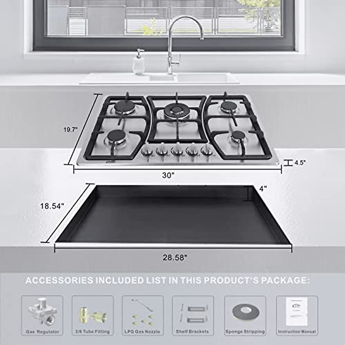 Gas Cooktop 30 Inch 5 Burners Gas Stove Gas Hob Stovetop Stainless Steel Cooktop Cast Iron Grates, Silver (30x 19.7x 4.5 inches)