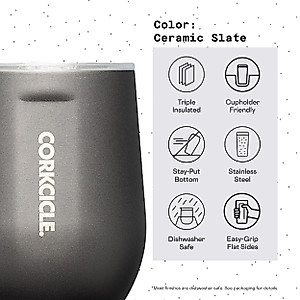 Corkcicle Stemless Insulated Wine Glass Tumbler, Ceramic Slate, 12 oz – Stainless Steel Stemless Wine Glass Keeps Beverages Cold for 6 Hours, Hot for 3 Hours – Non-Slip, Easy-Grip Insulated Cup
