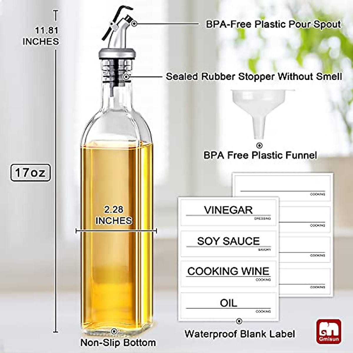 GMISUN Olive Oil Dispenser Bottle, Oil and Vinegar Cruet Set with 17oz/500ml Cooking Oil Container Glass Carafe, Oil Pourer Spout, Funnel and Labels, 3Pack, Clear