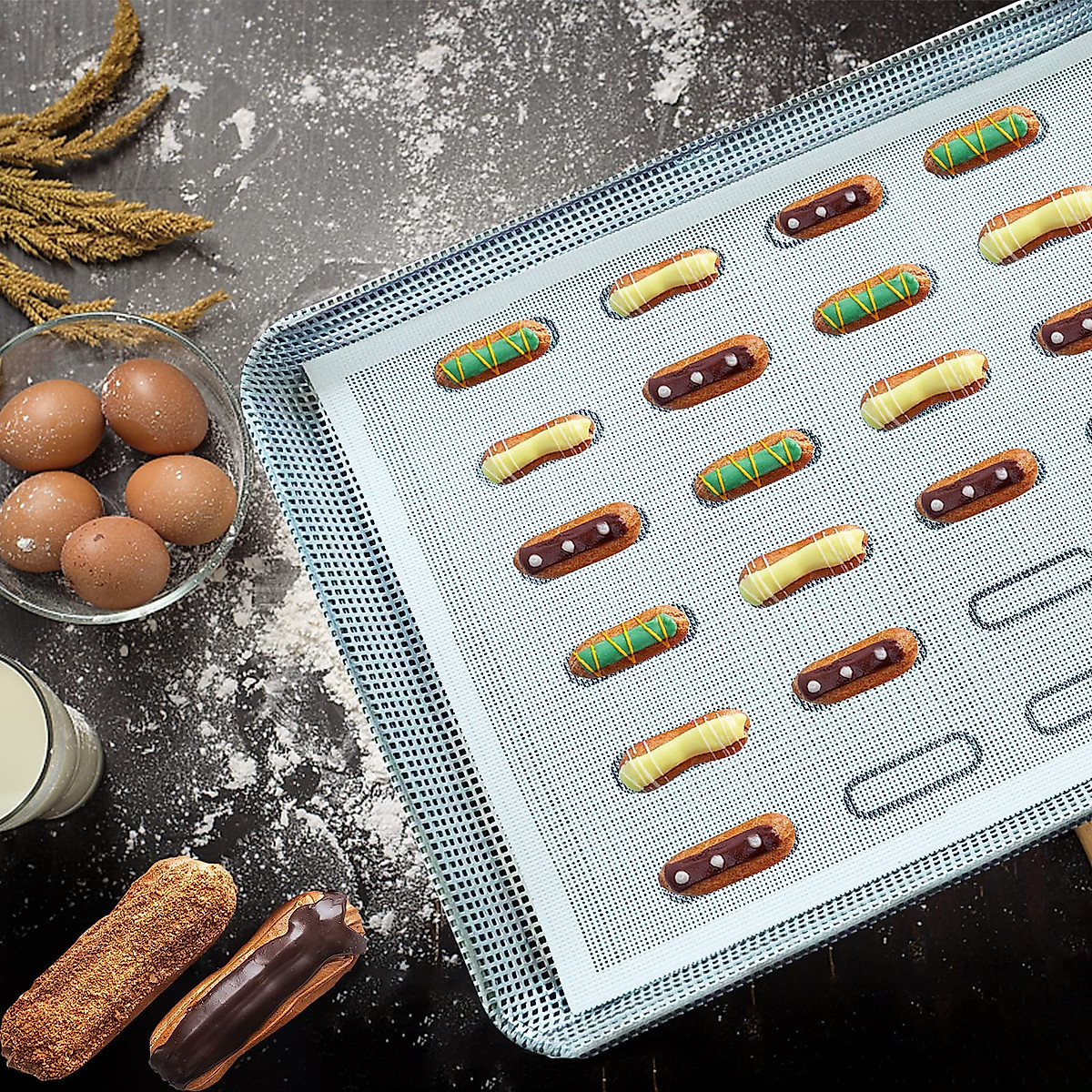 Firsmat 2 Pk Perforated Eclair Mesh Mat Silicone baking mats for Bread Tartlets Cookies Oven Sheets (11-4/5" x 15-3/4")