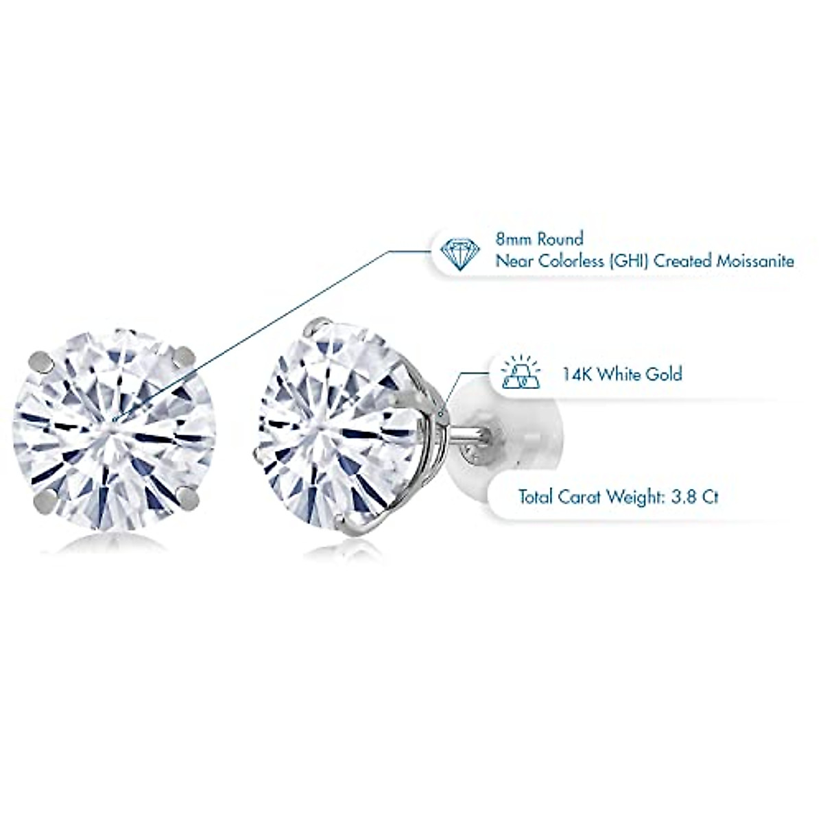 14K White Gold Forever Brilliant Moissanite from Charles & Colvard Stud Earrings | 3.80 Cttw | Round 8MM | Gold Earrings for Women
