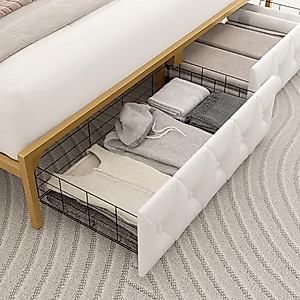 HITHOS Queen Bed Frame, Storage Headboard with Charging Station, Button Tufted Platform Bed with 2 Drawers, Upholstered Bed with 51.6" Tall Headboard, Gold Metal Frame, No Box Spring Needed, White
