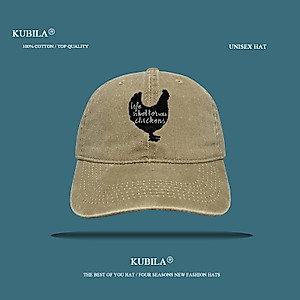 KUBILA Life is Better with Chickens Baseball Cap,Vintage Washed Cotton Denim Adjustable Low Profile Dad Hat for Men and Women Khaki