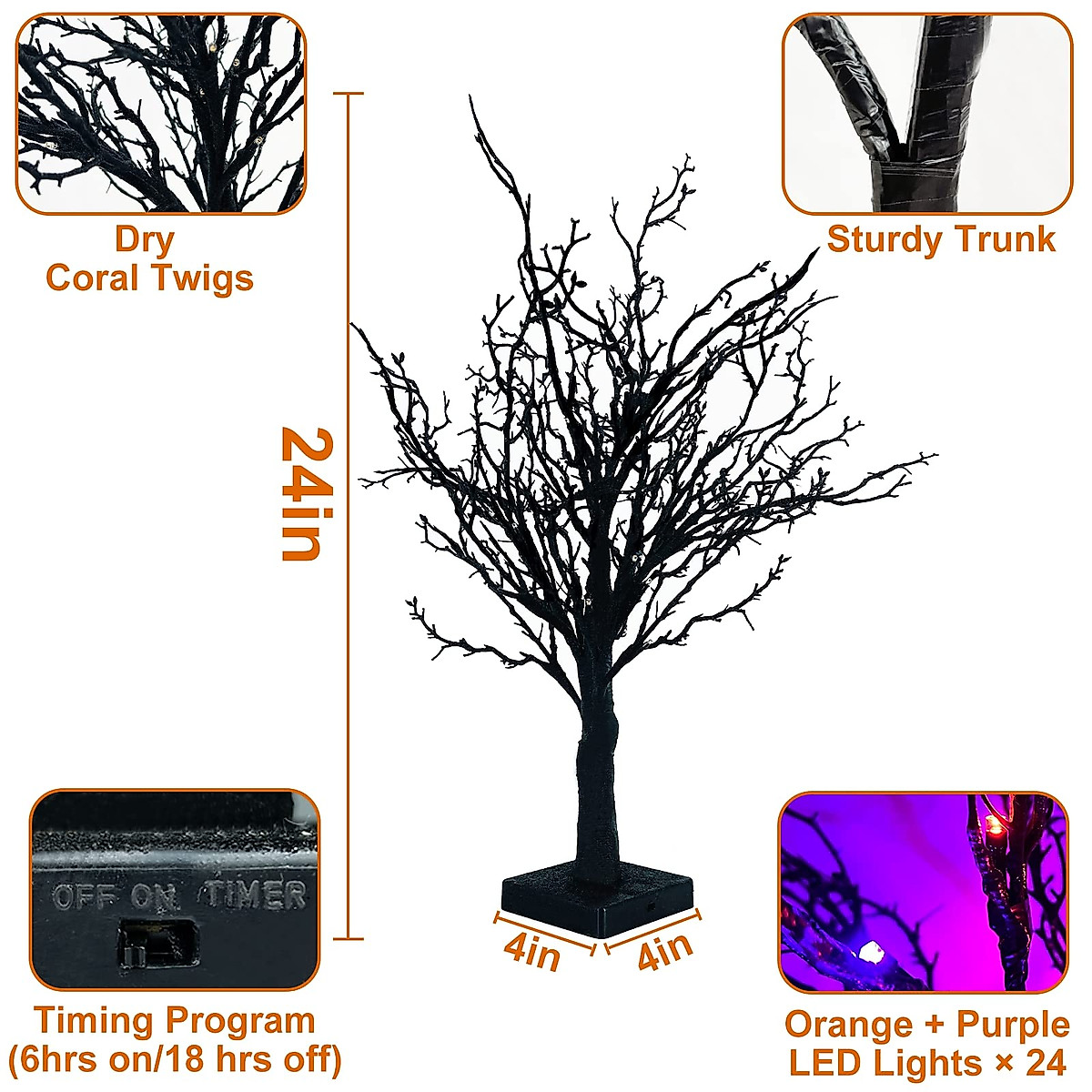 [ Timer ] 24 Inch Orange & Purple Lighted Halloween Tree with 24 LED Black Twigs Tree Lights Battery Operated Tabletop Halloween Spooky Tree Decorations for Indoor Home Party Holiday Festival Decor