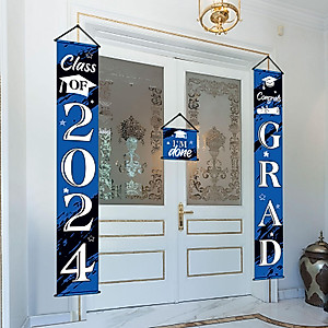 3 Pieces 2023 Graduation Banner Decorations, Class of 2023 Congrats Grad Porch Sign Hanging Banner Door Sign Welcome Decor Photo Props for College, High School Graduation Party Decorations (Blue)