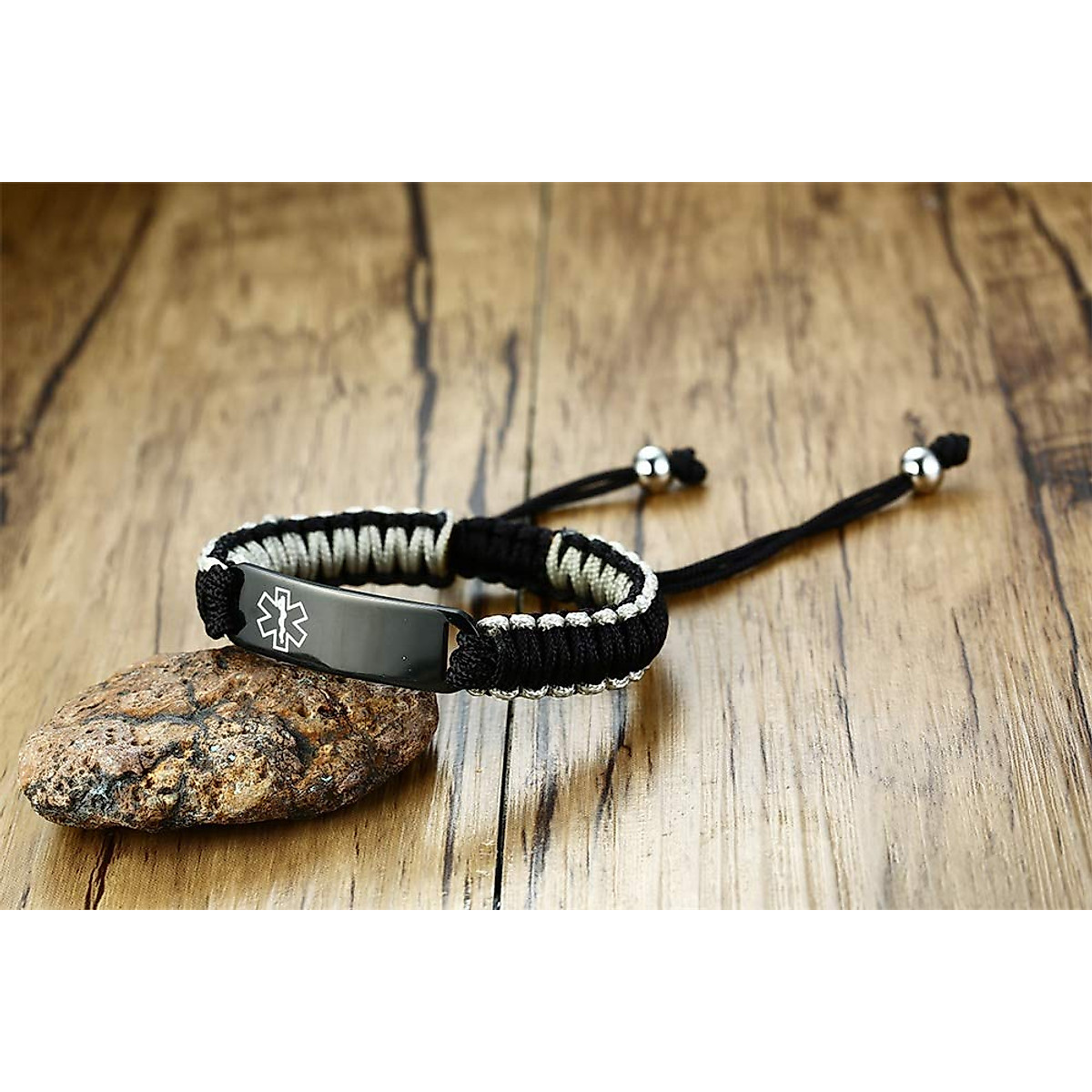 VNOX Customize Medical Jewelry-13MM Handmade Braided Rope Stainless Steel ID Paracord Adjustable Bracelet,White