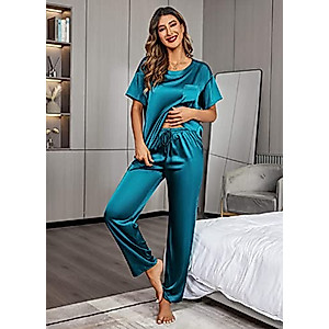 Ekouaer Satin Pajama set for Women Silk Pajamas Set Satin Pj Set Short Sleeve Top and Long Pant Pajama Set Two Piece Sleep Set Silky Sleepwear Nightwear Green L