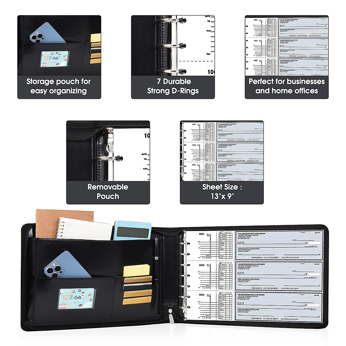 Business Check 7 Ring Checkbook Binder, PU Leather Portfolio, Built in Storage Organizer [Black]