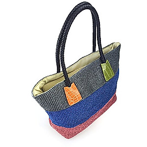 HOXIS Color Block Crocodile Pattern Stripes Woven Synthetic Straw Tote Womens Shoulder Vacation bag (Khaki)