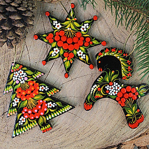 Hand-Painted Christmas Decorations Horse - Star - Tree - 3 Pcs. Set Wooden Painted on Both Sides 9,5 x 9 x 0,5 cm Handmade Christmas Ornaments Folk Art Ukrainian Traditional Petrykivka Craftsmanship