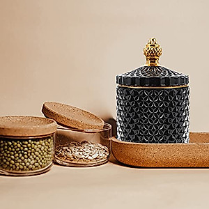 VICASKY Crystal Diamond Faceted Decorative Jar Glass Qtip Holder with Lid,Round Cotton Swab Canister Candy Jar Storage Sugar Bowl Glass Container for Home Kitchen Bedroom Black