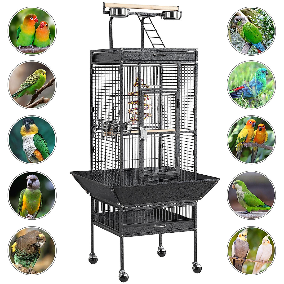 Yaheetech 61-inch Playtop Wrought Iron Large Parrot Bird Cages with Rolling Stand for Cockatiels Amazon Parrot Quaker Conure Parakeet Lovebird Finch Canary Small Medium Parrot Cage Birdcage, Black
