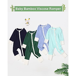 JunNeng Rayon from Bamboo Baby Romper Sleeper with Mitten Cuffs Feet,Newborn Boy Girl Zipper Snug Fit Sleep 'N Play (Green+Blue, 6-12 Months)