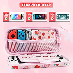 RHOTALL Cute Carrying Case for Nintendo Switch & Switch OLED Cover, Hard Portable Travel Case for Switch Accessories with Game Case, 2 Joy Con Shell, Shoulder Strap, and 2 Thumb Caps - Pink Strawberry
