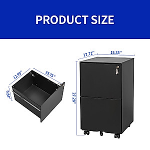 LVSTEEL Modern Black Rolling File Cabinet, Fully Assembled, 27.2"H x 15.3"W x 17.72"D, 2 Drawers, Lockable, Wheeled, Rust Resistant, Home Office