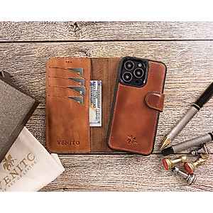 Venito Ravenna Slim Magic Leather Wallet Case for iPhone 13 Pro Max (6.7 in) with a Magnetic Flip & Four Card Slots and a Bill Pocket & Lightweight Frame - Antique Brown