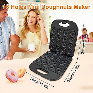 Mini Donut Maker Machine for Home, Kid-Friendly 16-Hole Electric Doughnut and Pancake Maker with Non-Stick Surface, Ideal for Homemade Doughnuts (Black with 1 Pair Mini Oven Gloves & Brush)