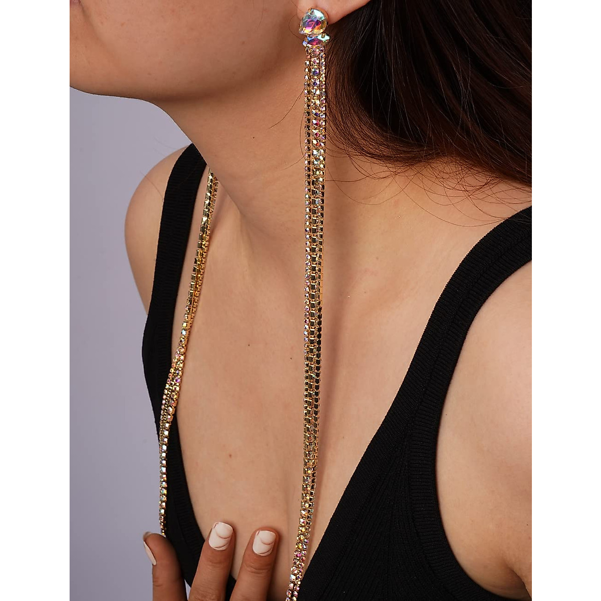 Missgrace Women Bohemian Dainty Dangle Long Tassels Statement Gold Earrings Trendy Unique Full Rhinestones Shiny Bar Disco Earrings Set Jewelry for Women and Girls