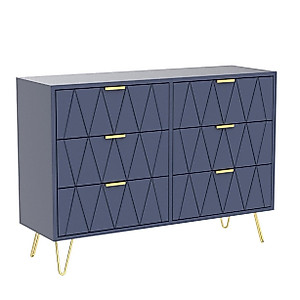 UEV 6 Drawer Dresser,Modern Dresser Chest with Wide Drawers and Metal Handles,Wood Storage Chest of Drawers for Bedroom,Living Room,Hallway,Entryway (Navy Blue)