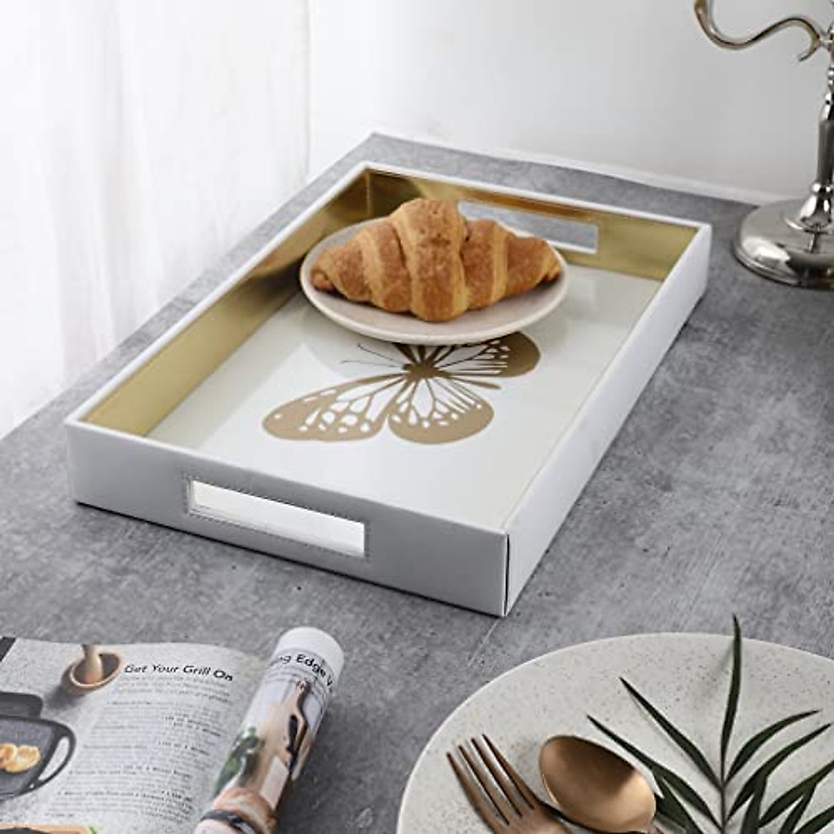 Zvasti Faux Leather Butterfly Printed Tray. White Faux Leather Trays for Coffee Table. Rectangle Tray with Handles