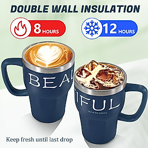 21 oz Insulated Coffee Mug Tumbler with Handle, Stainless Steel Travel Mug Tumbler with Lid and Straw, Coffee Travel Mug Spill Proof with Lid for Keep Hot/Ice Coffee, Blue