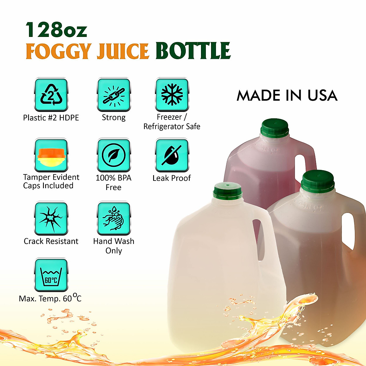 [5 PACK] Empty Plastic Gallon Juice Bottles with Tamper Evident Caps 128 OZ - Smoothie Bottles - Ideal for Juices, Milk, Smoothies, Picnic's and even Meal Prep by EcoQuality Juice Containers