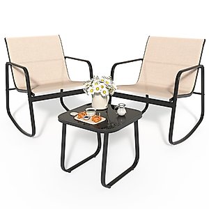 YITAHOME 3 Piece Patio Furniture Set with Rocking Bistro Chairs and Glass Table, Textilene Fabric Small Outdoor Conversation Furniture Set for Backyard, Lawn, Garden, Balcony, Poolside (Brown)