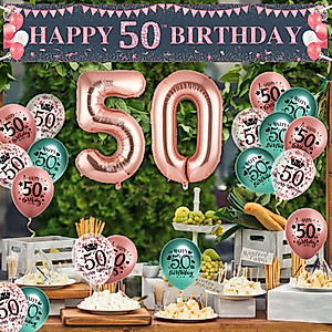 Rose Gold 50th Birthday Party Decorations for Women 50th Birthday Banner and 18pcs 50th Birthday Balloons for Women 50th Happy Birthday Banner for Anniversary Birthday Party Supply Garden Yard Decor