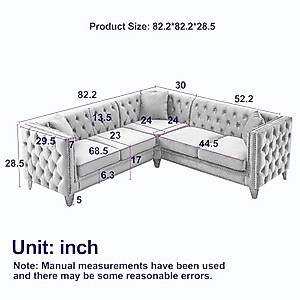 ERYE L-Shaped Symmetrical Sectional Sofa Couch Clasic Velvet Upholstered Tufted 5 Seater Sofa&Couch W/Button Armrests,Metal Legs,Nailhead Decor and 3 Pillows for Living Room, 82.2", Gray-012