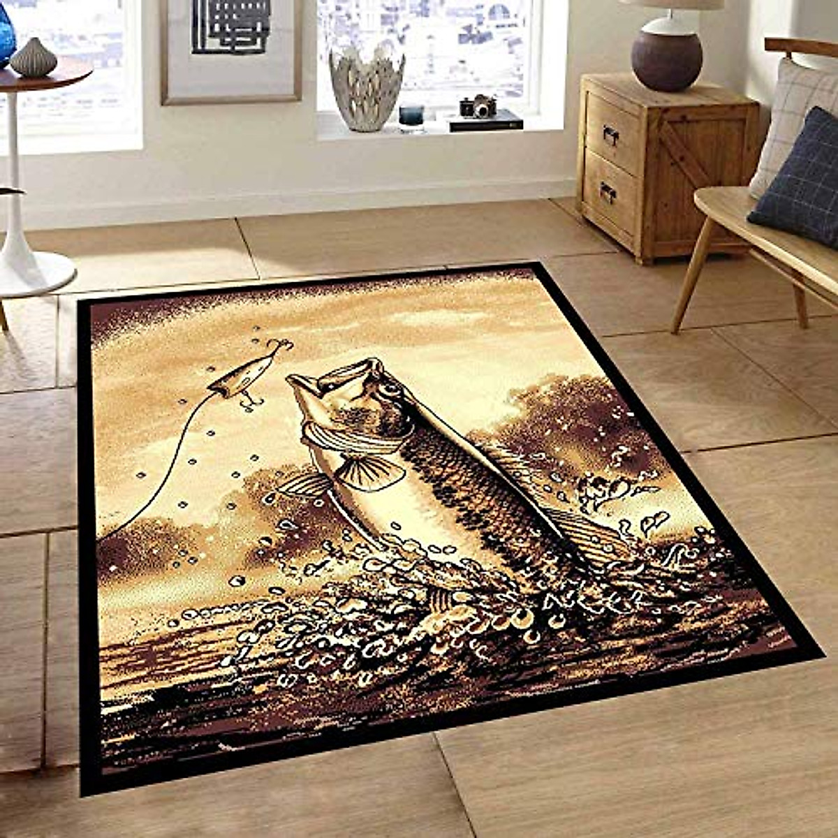 Champion Rugs Wildlife Nature Lodge Cabin Fish Bass Fishing Area Rug (5’ 3” X 7’ 5”)
